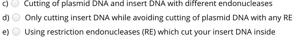 c) Cutting of plasmid DNA and insert DNA with different endonucleases d ...