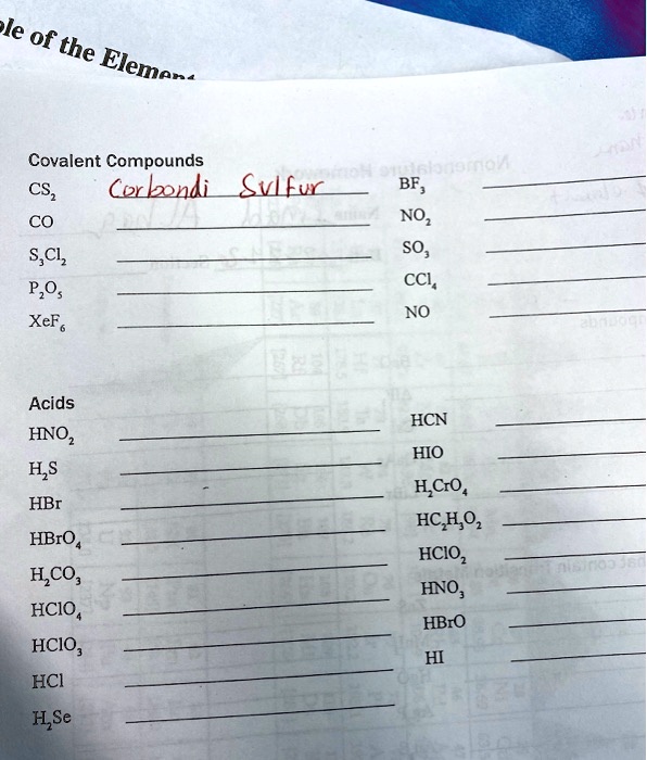 SOLVED: le of 'the Elemer: Covalent Compounds CSz Corbondi SvLEur CO S ...
