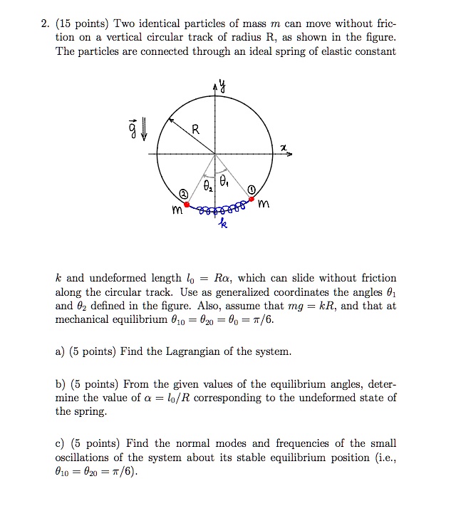 2. (15 points) Two identical particles of mass m can move without friction on a vertical ...