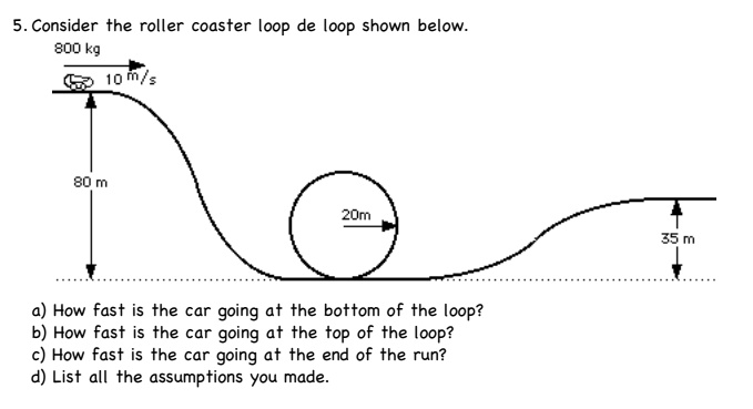 Consider the roller coaster loop-de-loop shown below: - Mass of the car: 800 kg - Initial ...