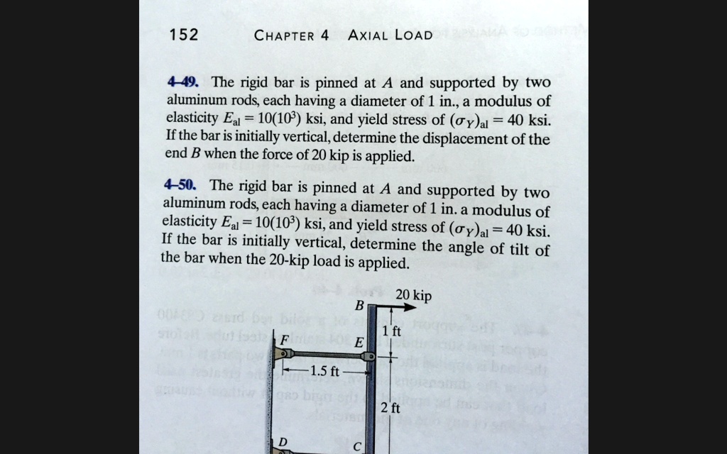 [GET ANSWER] 152 CHAPTER 4 AXIAL LOAD 4-49. The rigid bar is pinned at A and supported by two ...