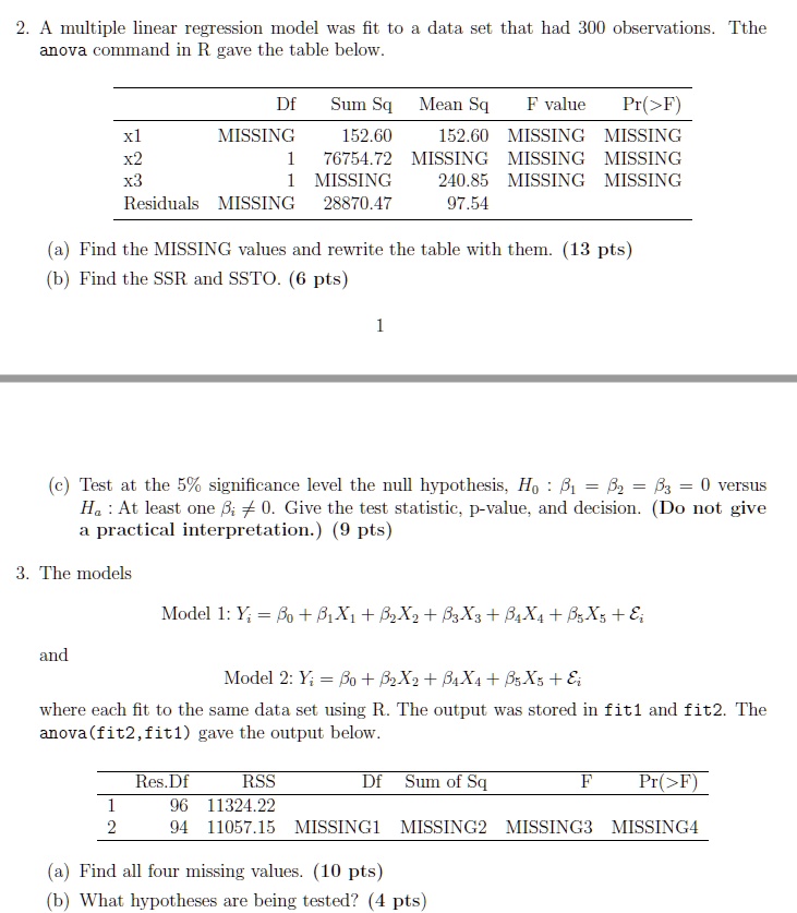 SOLVED: A multiple linear regression model was fit to a data set that ...