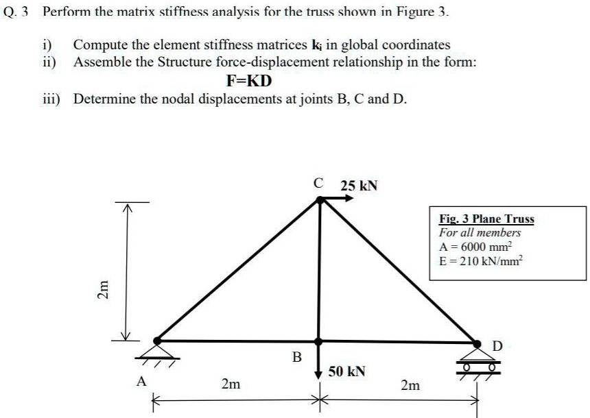 SOLVED: Q. 3 Perform the matrix stiffness analysis for the truss shown in Figure 3. Compute the ...