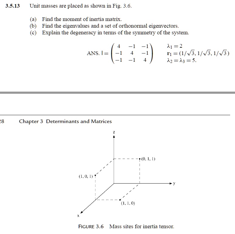 3.5.13 Unit masses are placed as shown in Fig. 3.6. (a) Find the moment of inertia matrix. (b ...