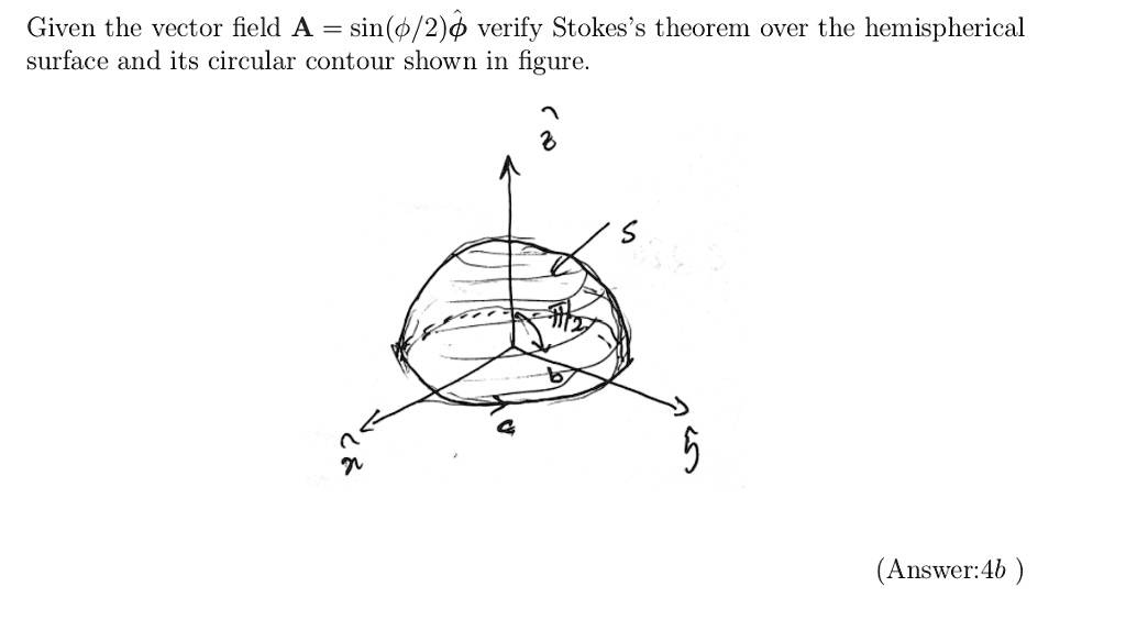 SOLVED: Given the vector field A sin(Î¸/2)Î¸, verify Stokes's theorem over the hemispherical ...