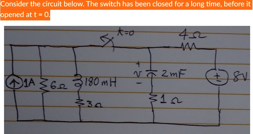 Consider the circuit below. The switch has been closed for a long time, before it opened at t = 0.