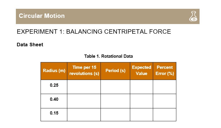 Circular Motion EXPERIMENT 1: BALANCING CENTRIPETAL FORCE Data Sheet Table 1. Rotational Data ...