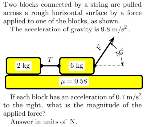 two blocks connected by a string are pulled across rough horizontal surface by a force applied ...
