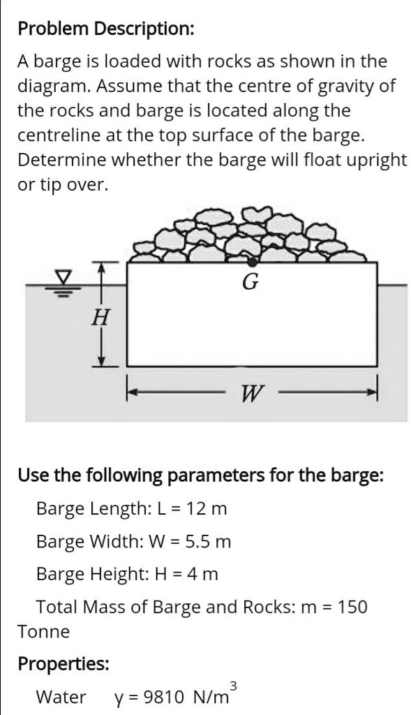 SOLVED: Problem Description: A barge is loaded with rocks as shown in ...