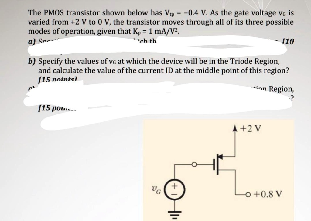 SOLVED: The PMOS transistor shown below has Vtp = -0.4 V. As the gate ...