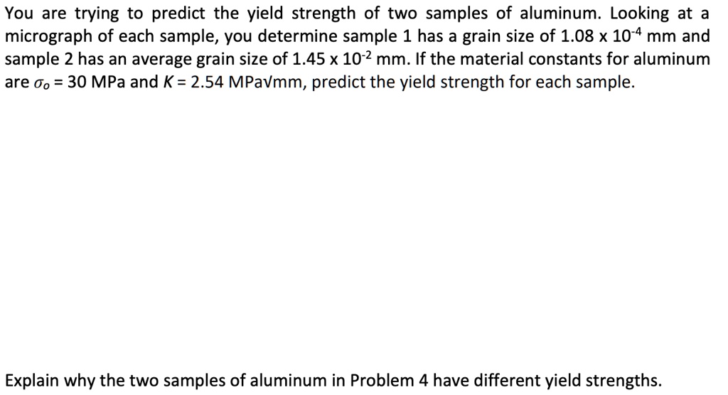 SOLVED: You are trying to predict the yield strength of two samples of ...