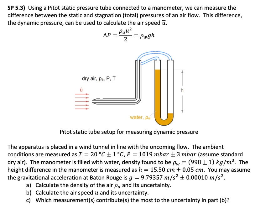 SOLVED: SP 5.3) Using a Pitot-static pressure tube connected to a manometer, we can measure the ...