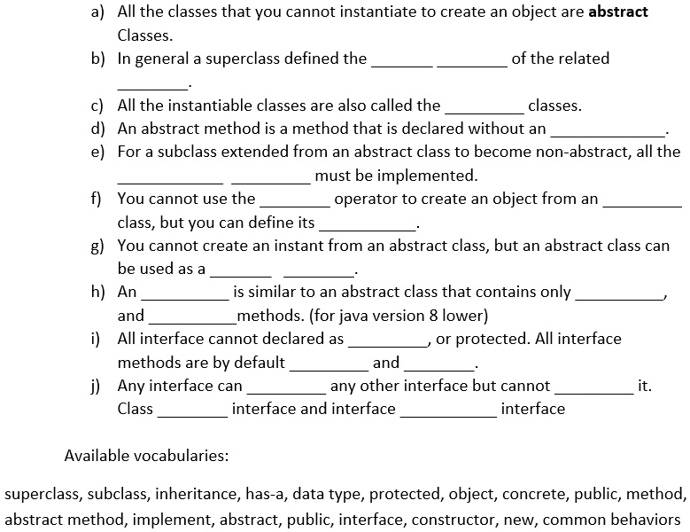 SOLVED: a) All the classes that you cannot instantiate to create an ... SOLVED: a) All the classes that you cannot instantiate to create an ...