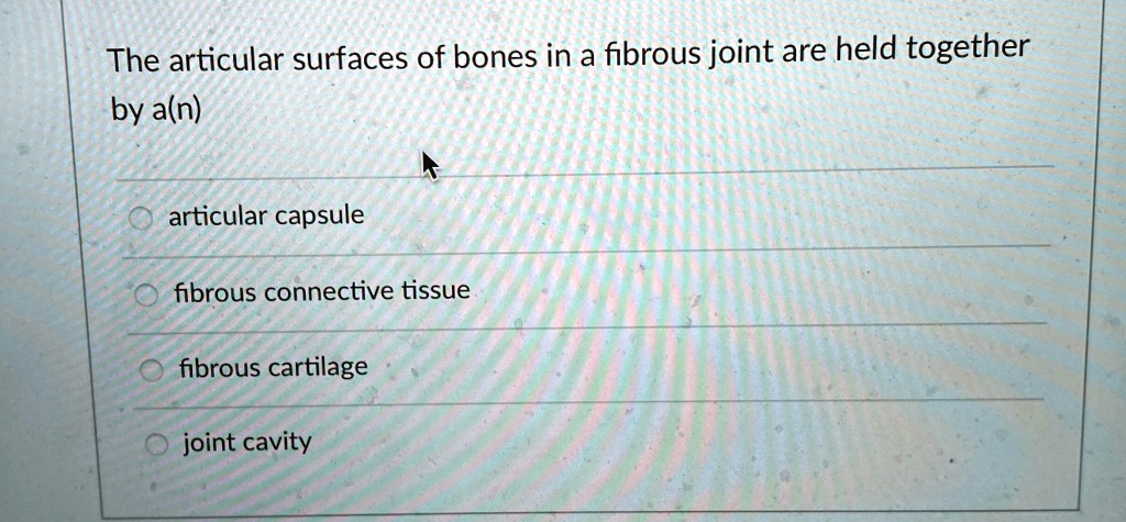 the articular surfaces of bones in a fibrous joint are held together by ...