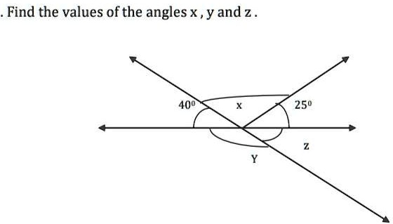 SOLVED: 'find the value of x y z by Find the values of the angles x , y andz 40" 250'