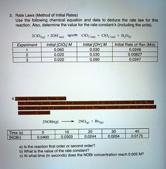 SOLVED: Rate Laws (Method of Initial Rates) Use the following chemical ...