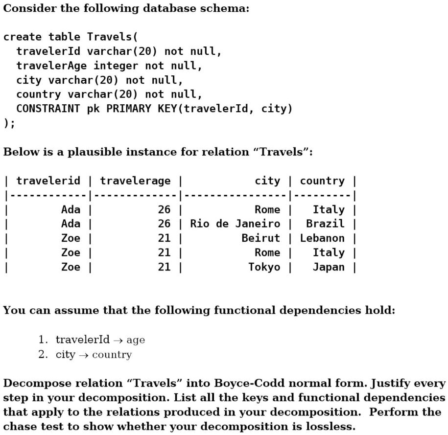 SOLVED: Consider the following database schema: create table Travels( travelerId varchar(20) not ...