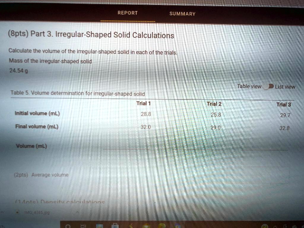 SOLVED: REPORT SUMMARY Part 3: Irregular-Shaped Solid Calculations ...