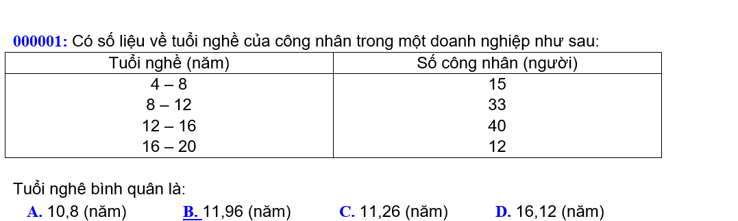 000001: Có s? li?u v? tu?i ngh? c?a công nhân trong m?t doanh nghi?p nh? sau: Tu?i ngh? (n?m) S ...