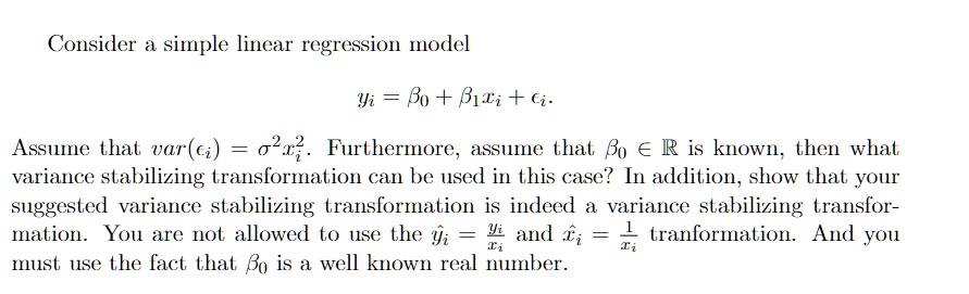 Solved Consider A Simple Linear Regression Model Yi Bo B1ci Ei Assume That Varei Ïƒ 