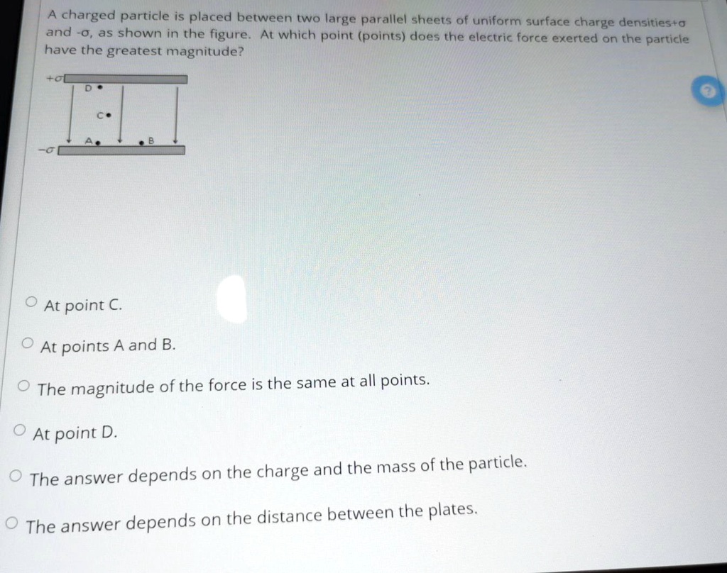 SOLVED: charged particle is placed between two large parallel sheets of uniform surface charge ...