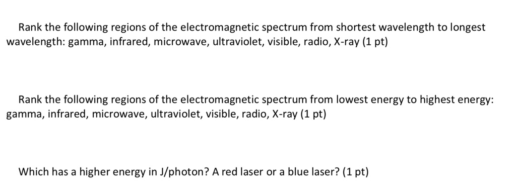 SOLVED: Rank the following regions of the electromagnetic spectrum from ...