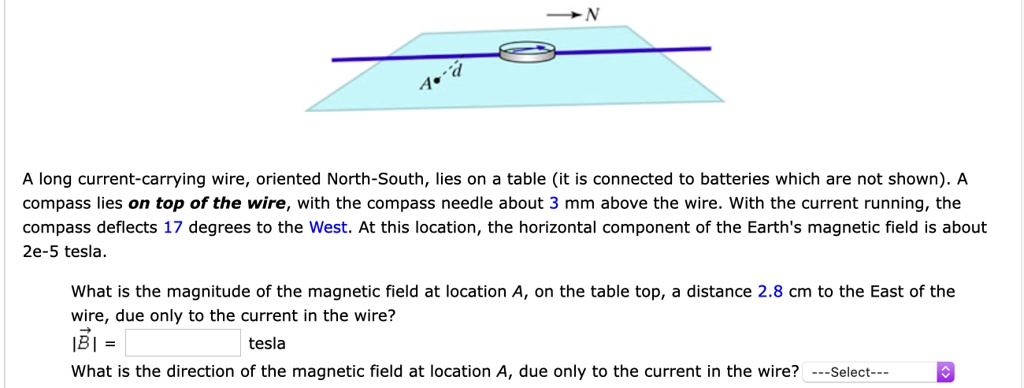 SOLVED: long current-carrying wire , oriented North-South, lies on a ...