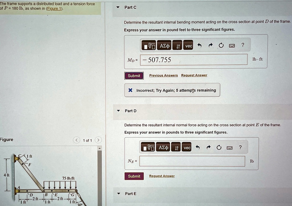 the frame supports a distributed load and a tension force of p 180 lb as shown in figure 1 ...