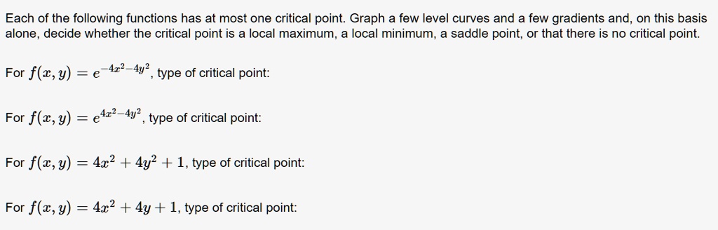 SOLVED: Each of the following functions has at most one critical point: Graph a few level curves ...
