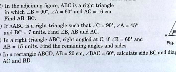 SOLVED: In the adjoining figure, ABC is a right triangle in which angle B = 90Â°, angle A = 60Â ...