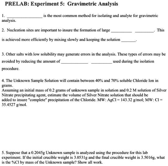 prelab experiment 5 gravimetric analysis the most common method for isolating and analyte for ...