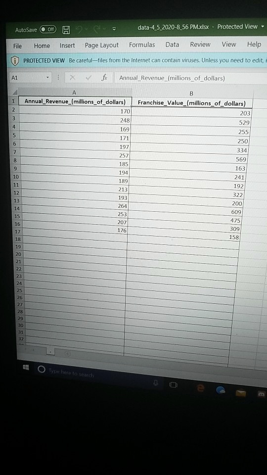 SOLVED: data- 4 52020-856 PMxlsx Protected View AutoSave File Home ...