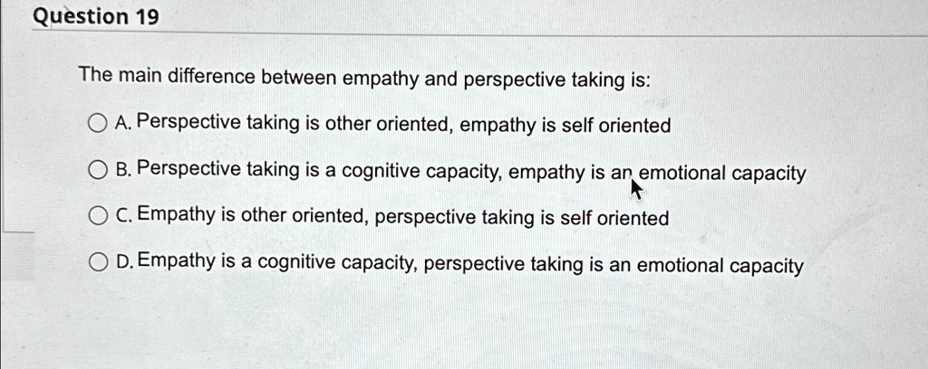 SOLVED: Question 19 The main difference between empathy and perspective ...