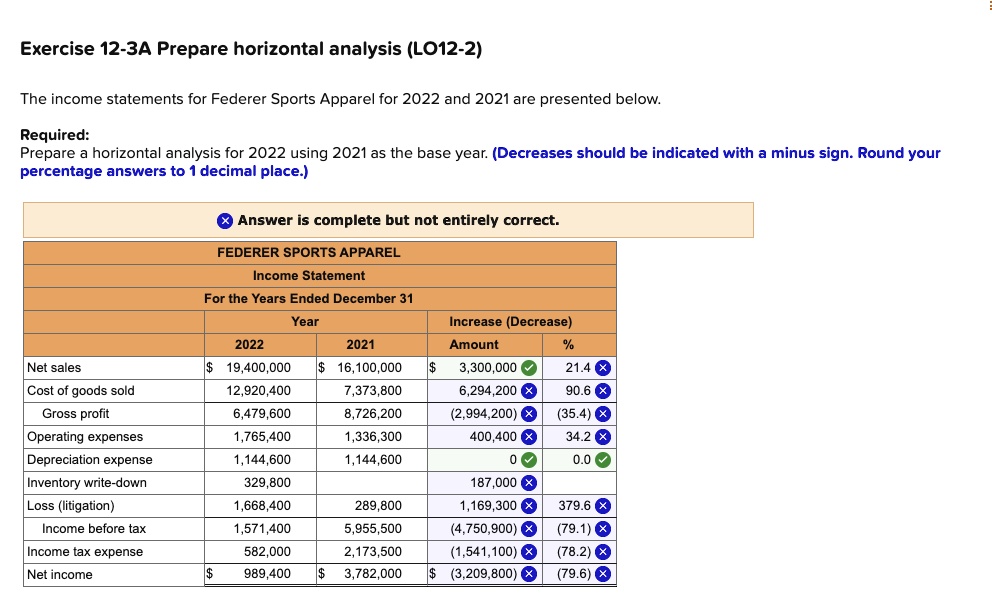 exercise 12 3a prepare horizontal analysis lo12 2 the income statements ...