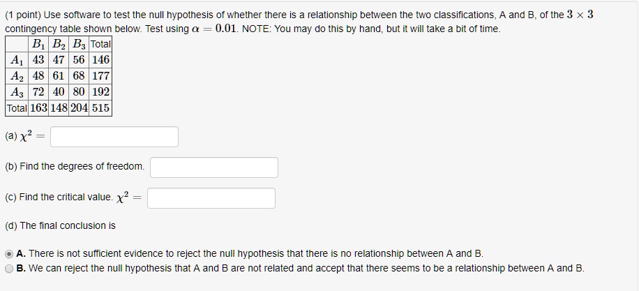 SOLVED: point) Use soitware to test the null hypothesis of whether ...