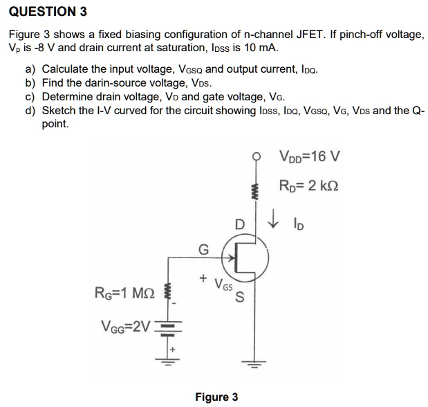 QUESTION 3 Figure 3 shows a fixed biasing configuration of n-channel JFET. If pinch-off voltage ...