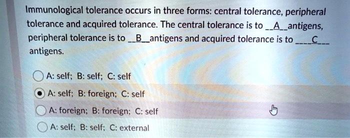 SOLVED:Immunological tolerance occurs in three forms: central tolerance ...