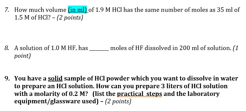 how much volume inmllof 19 m hcl has the same number of moles as 35 ml of 15 mof hch 2 points a ...