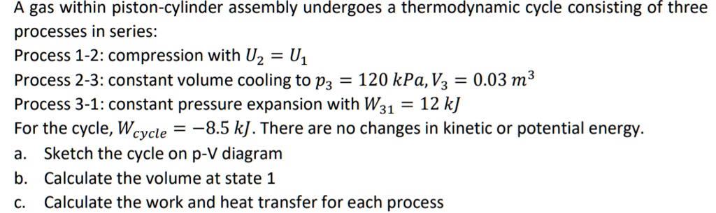SOLVED: A gas within piston-cylinder assembly undergoes a thermodynamic cycle consisting of ...