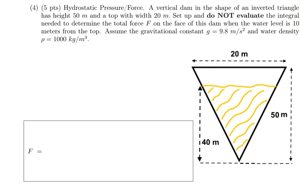 5 pts) Hydrostatic Pressure /Force. vertical dam in the shape of an ...