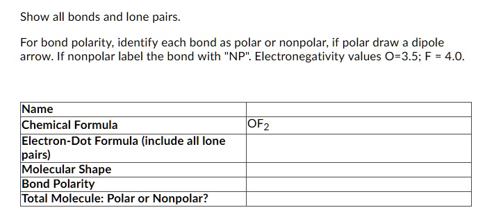 SOLVED: Show all bonds and lone pairs: For bond polarity, identify each bond as polar or ...