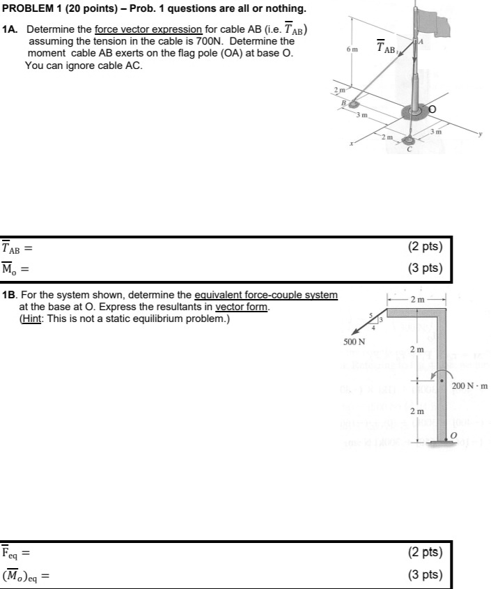PROBLEM 1 (20 points) - Prob. 1 questions are all or nothing. 1A. Determine the force vector ...