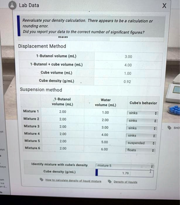 SOLVED: Lab Data Reevaluate your density calculation. There appears to be a calculation or ...