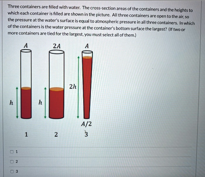 SOLVED: Three containers are filled with water: The cross-section areas of the containers and ...