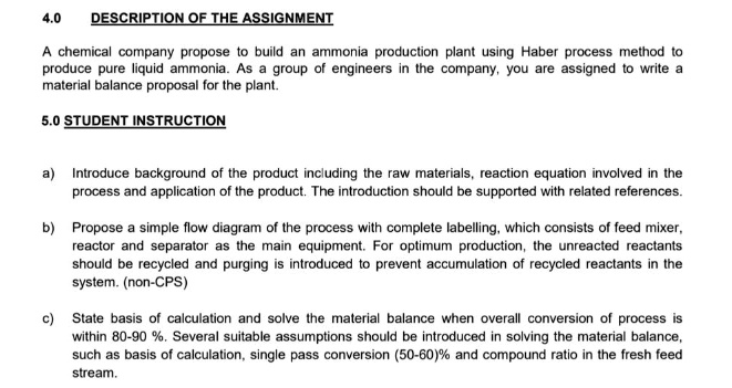 4.0 DESCRIPTION OF THE ASSIGNMENT A chemical company propose to build ...