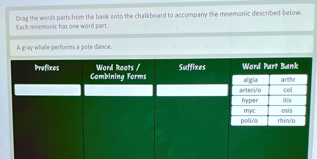 drag the words parts from the bank onto the chalkboard to accompany the ...