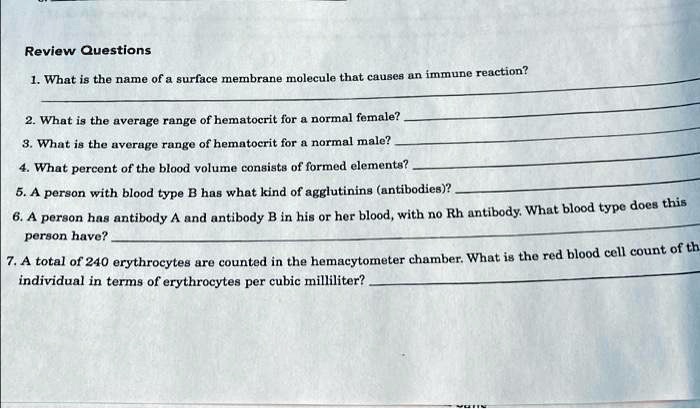 SOLVED: Review Questions 2.What is the average range of hematocrit for ...