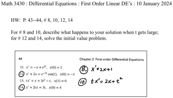 Math 3430: Differential Equations: First Order Linear DE's: 10 January ...