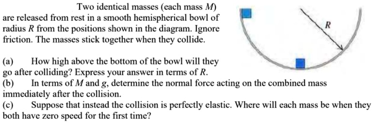 SOLVED: Two identical masses (each mass M) are released from rest in a smooth hemispherical bowl ...