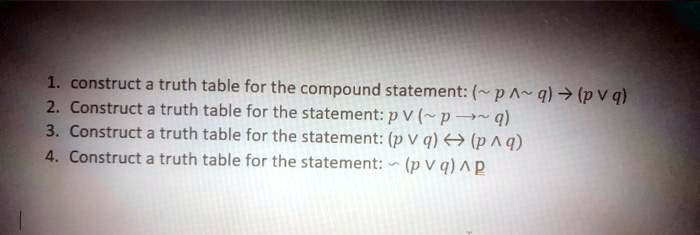 SOLVED: construct a truth table for the compound statement: ( pA q) v (pVq) Construct a truth ...